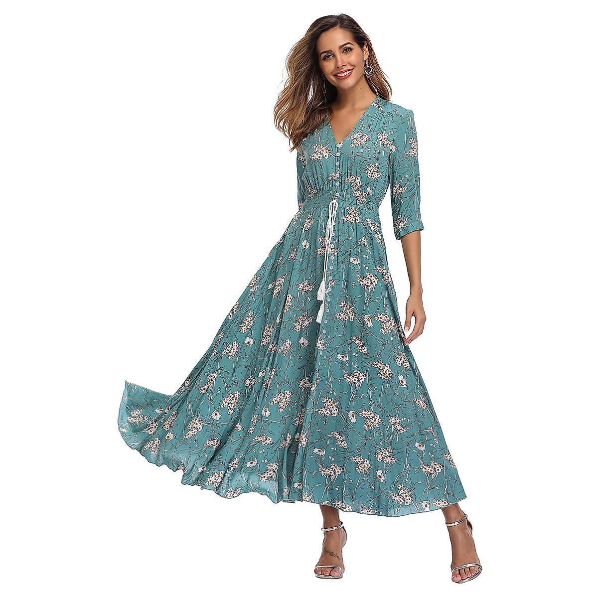 VintageClothing Women's Floral Maxi Dresses with Sleeves Flowy Boho Beach Party Dress Casual Summer Dress, M