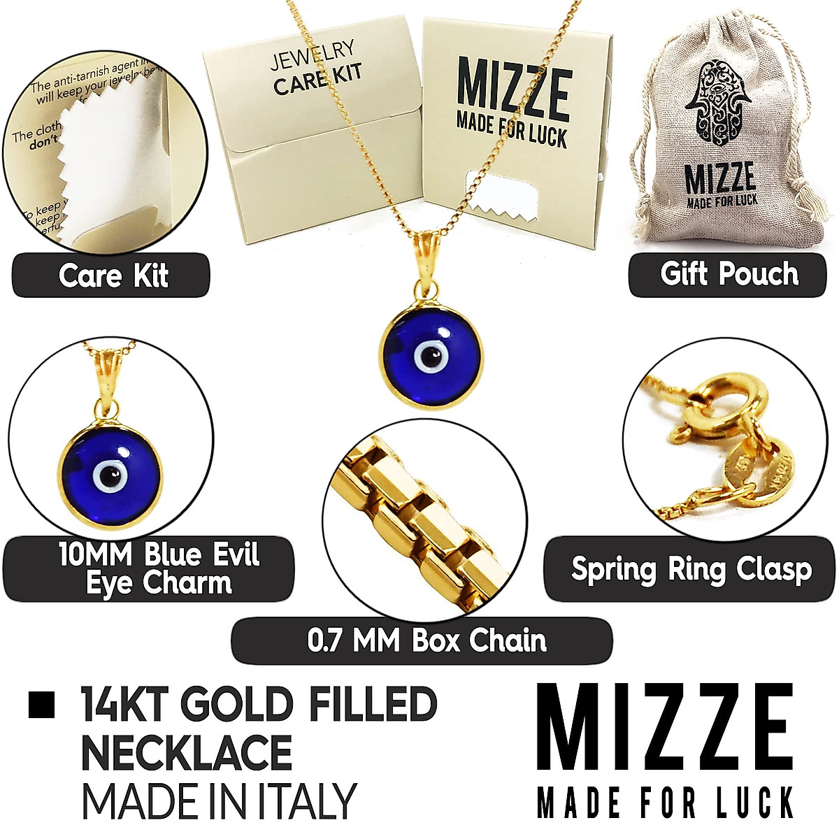 14K Gold Filled Box Chain Necklace 20 Inches Long with 10 MM Blue Glass Evil Eye Protection Charm for Women - 14K Gold Filled Jewelry Made in Italy