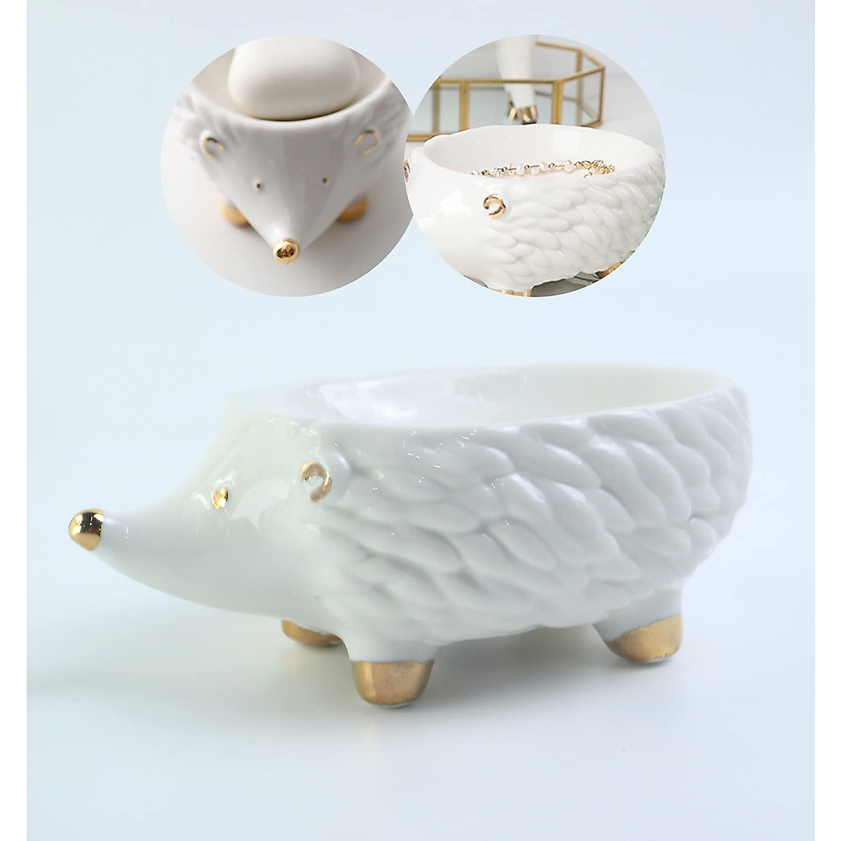 Ceramic Soap Dish with Drain, Hedgehog Toilet Soap Box, Ceramic Jewelry Tray, Funny Soap Storage Container for Shower Bathroom Kitchen Bathtub,White