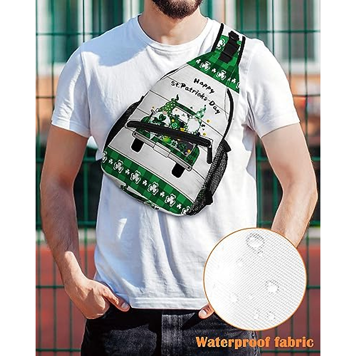 Sling Backpack, St. Patrick's Day Truck Pull Gnomes on Rustic Wood Grain Waterproof Lightweight Small Sling Bag, Travel Chest Bag Crossbody Shoulder Bag Hiking Daypack for Women Men