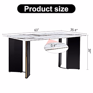 Goderfuu Glass Dining Table for 6 People, 63 inch Modern Kitchen Table with Black Wood Base, White Marble Textured Glass Dining Table Pedestal Dinner Table, Faux Marble Dining Table for Dining Room