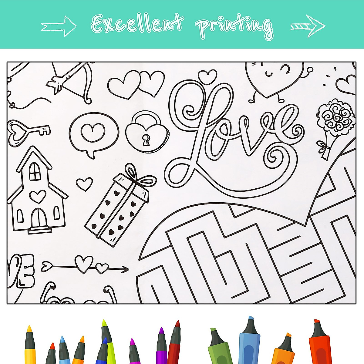 GWHOLE Giant Coloring Poster 40 x 28 Inch Table Cloth Wedding Themed Coloring Tablecloth Colorable Tablecloth for Wedding, Bridal Shower