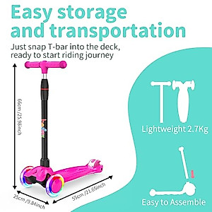 BELEEV Scooters for Kids 3 Wheel Kick Scooter for Toddlers Girls Boys, 4 Adjustable Height, Lean to Steer, Light up Wheels, Extra-Wide Board for Children Ages 3-12 (Black Pink)