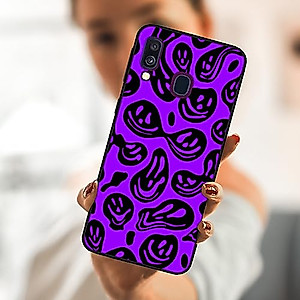 zaztify Phone Case for Samsung Galaxy A40, Dark Purple Black Funny Trippy Dripping Smile Melted Hippie Smiling Skull Ghost Face Cute Shockproof Protective Anti-Slip Thin Soft Cover Shell