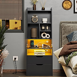 ADORNEVE Tall Night Stand with Charging Station and LED Lights,Nightstand with Bookshelf,Bedside Table with Drawers & Power Outlets,End Side Table for Bedrooms (Black)