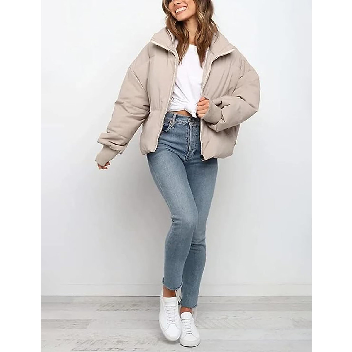 Gihuo Women’s Winter Cropped Puffer Jacket Coat Short Warm Quilted Jacket(Beige-L)