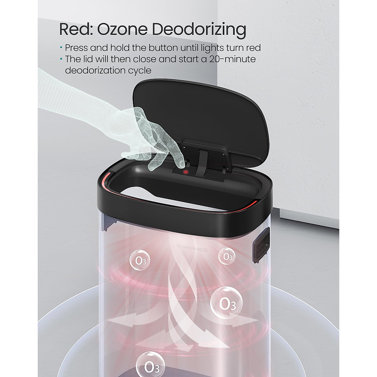 SONGMICS Kitchen Trash Can, 17.2-Gallon (65 L) Motion Sensor Garbage Can, Stainless Steel Trash Bin, Ozone Odor Control, Stay-Open, Ink Black ULTB660B01