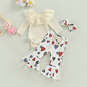 Valentine Day Baby Girl Cute Lace Ruffle Long Sleeve Romper Bodysuit Top and Bowknot Sweetie Heart Flare Long Pants Headband (Beige,0-6 Months)