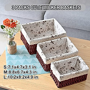 3 Pcs Handmade Wicker Storage Baskets Set Shelf Baskets,Woven Decorative Home Storage Bins for Bedroom,livingroom,kitchenroom,Table,Closet,Pantry, Entryway, Home Decor Brown