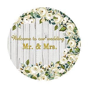 Yeele 7x7ft Mr & Mrs Wedding Round Backdrop Wooden Texture White Rose Floral Photography Background Bride and Groom Engaged Ceremony Anniversary Bridal Shower Party Supplies Photo Booth Props