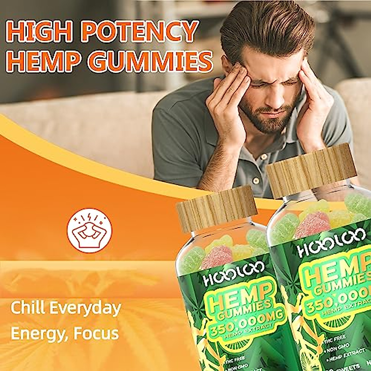 Hemp Gummies for Deep and Sound Bedtimes & Focus, Fruity Vitamins Hemp Gummy Infused Hemp Oil 350,0000mg, Made in USA, 2 Pack 120 Edibles
