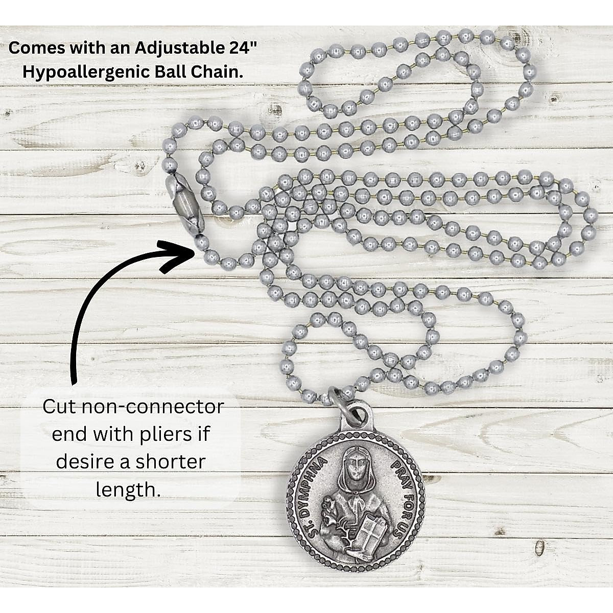 Saint Dymphna Necklace Patron Saint of Anxiety, Stress, and Mental Health Catholic Jewelry - Silver Oxidized Round 7/8" St Dymphna Medal with 24" Adjustable Hypoallergenic Ball Chain - Made in Italy
