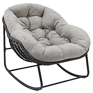 ZJEYEJZ Indoor & Outdoor Rocking Chair, Oversized Rattan Royal Rocking Chair with Padded Cushion, Rocker Egg Chair for Living Room, Patio, Front Porch, Backyard, Grey