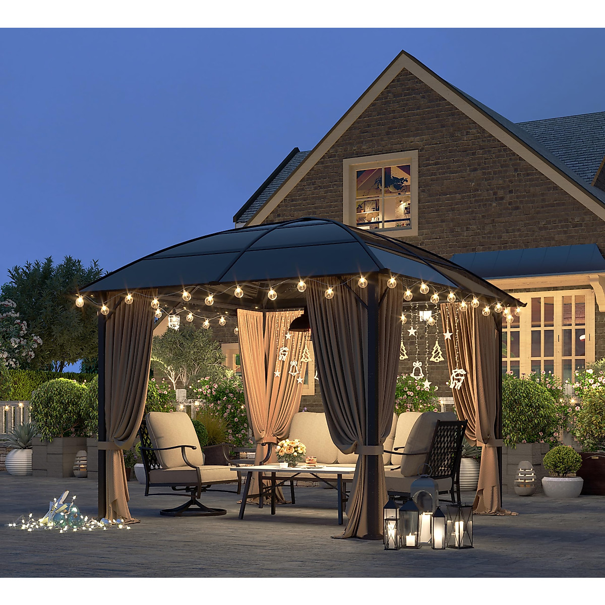 HERA'S HOUSE 10x10 Outdoor Hardtop Gazebo, Patio Canopy Flea Defence with Mosquito Netting&Curtains, Permanent Polycarbonate Tent Pergola for Lawn, Parties, Courtyard, Garden(Brown)