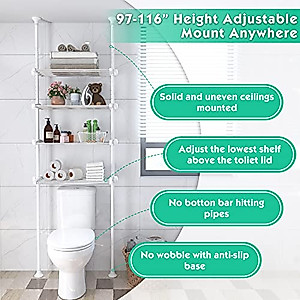 Lilyvane 4 Tiers Over The Toilet Storage, 97 to116” Adjustable Tension Pole Over Toilet Bathroom Organizer, Freestanding Bathroom Shelves Over Toilet for Most Showers Over The Toilet Shelf