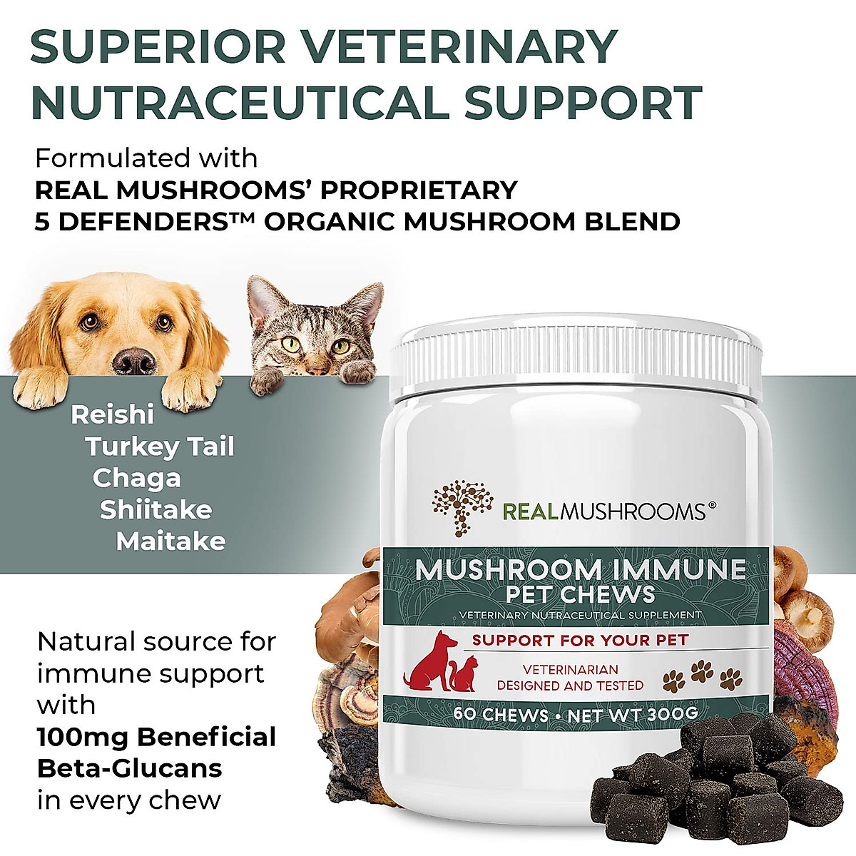 Real Mushrooms Immune Pet Chews (60ct) & Relax Pet Chews (60ct) - Bundle for Immunity, Relaxation & Longevity - Reishi, Lion’s Mane, Ashwagandha, Astragalus & More - Vegan, Non-GMO, Gluten-Free