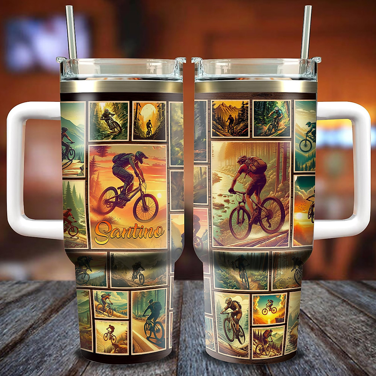 WAZONE Personalized Mountain Biking Tumbler 40oz with Handle and Straw Custom Name Insulated Travel Coffee Mug Stainless Steel Tumblers For Biker Bike Riding Lover Men Him Dad Papa On Birthday
