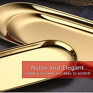 2 Pack Long Narrow Gold Rolling Metal Decorative Tray, 12 Inch Stainless Steel Golden Serving Tray, Oval Brass Vanity Tray Table Décor Platter for Jewelry, Towel, Bathroom, Desktop, Exxacttorch