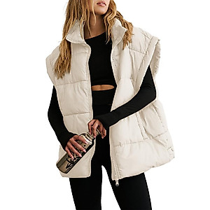 Dokotoo Womens Oversized Apricot Puffer Vest Warm Stand Collar Casual Zip Padded Vest Sleeveless Outerwear Jacket Winter Coats for Women Quilted Vest with Pockets X-Large