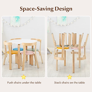 Costzon Kids Table and Chair Set, 5-Piece Wooden Activity Table w/ 4 Chairs, Toy Bricks, Classroom Playroom Daycare Furniture for Playing, Drawing, Reading, Bentwood Toddler Table & Chairs (Assorted)