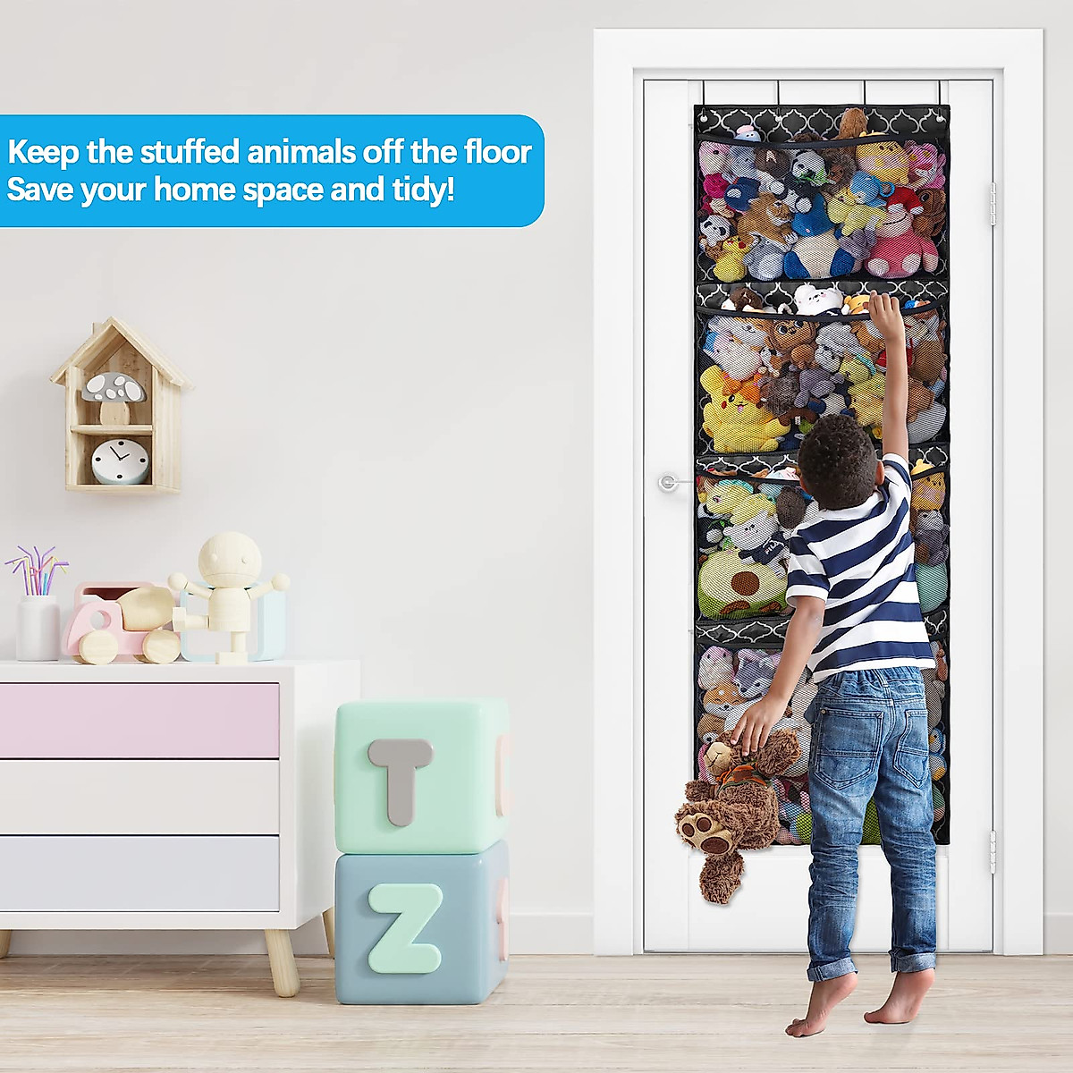 Stuffed Animal Storage, Over The Door Organizer Storage for Closet, Baby, Plush Toy, Stuffed Animal Holder with 4 Large Pockets, Hanging Door Organizer for Nursery, Bedroom, Bathroom, Kids Room