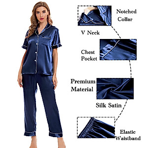 SWOMOG Womens Silk Satin Pajamas Sets 4pcs Sleepwear Sexy Cami Shorts Set and Button Down Short Sleeve Pjs Loungewear Navy Blue Medium