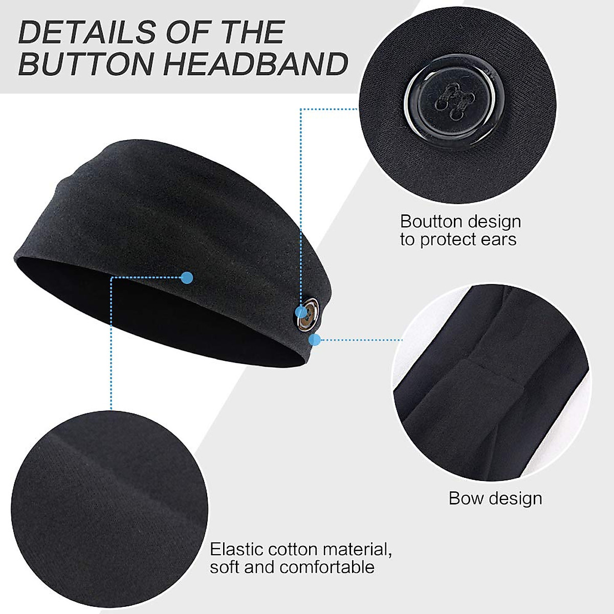 SUNLAND Headband with Buttons for Face Masks and Covers Unisex Elastic Hair Band for Ears Protection Bandannas for Head Wraps 3 Pack Black