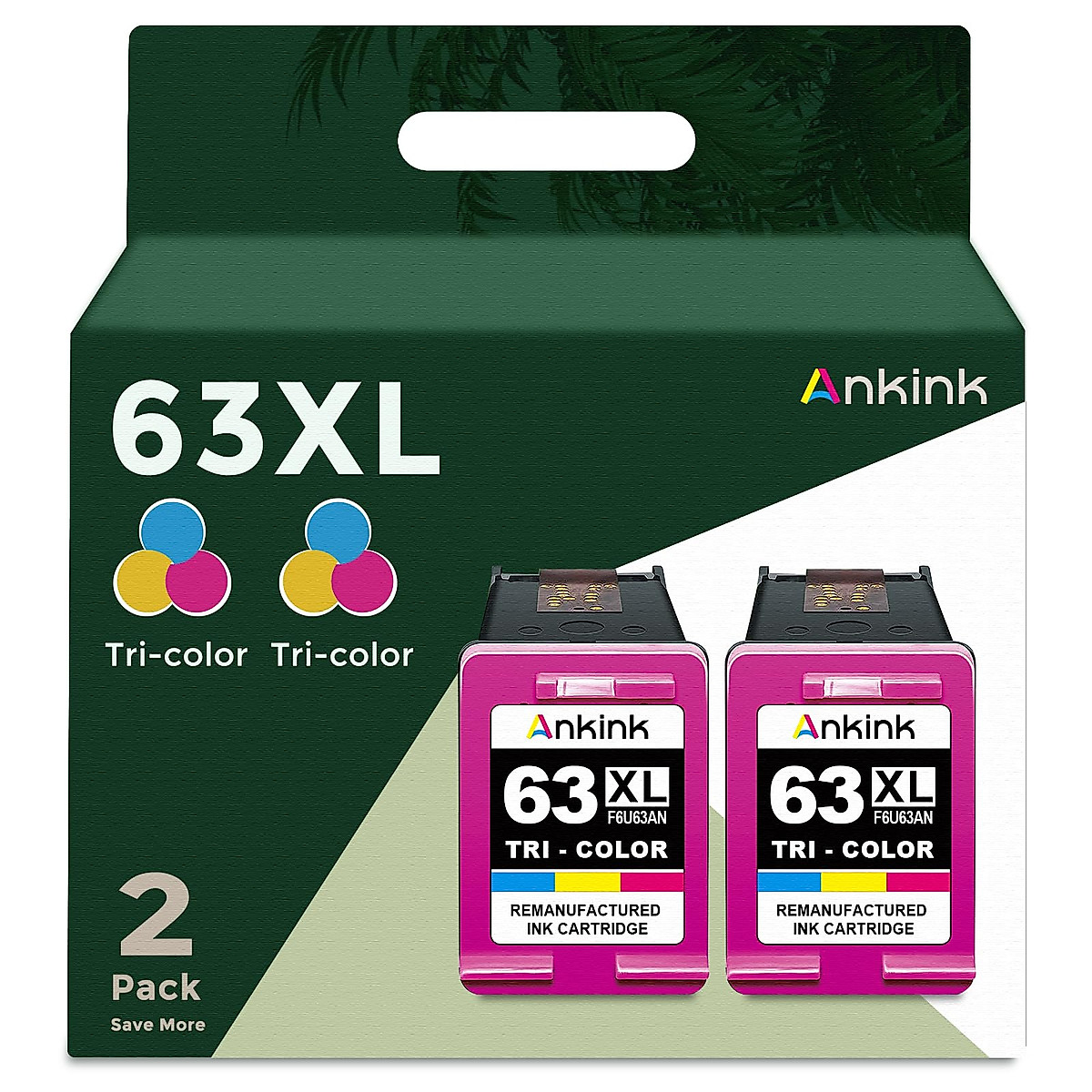 Ankink Higher Yield 63XL Color Ink Cartridges 2 Pack Replacement for HP Ink 63 XL for Officejet 3830 4650 4652 4655 5200 5252 5255 5258 Envy 4520 4512 Deskjet 1112 2132 3630 3632 Printer HP63 Tricolor