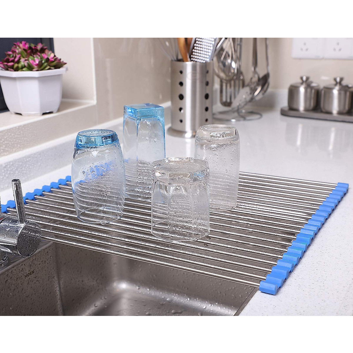 Ahyuan 17.8''x16'' Roll up Dish Drying Rack Over The Sink Dish Drying Rack 304 Stainless Steel Dish Rack Foldable Dish Drainers for Kitchen Sink Counter (Blue)