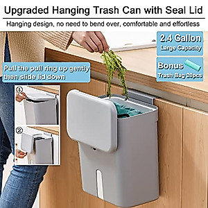 Tiyafuro Upgraded Hanging Trash Can with Lid, 2.4 Gallon Kitchen Compost Bin for Cabinet and Under Sink, Wall-Mounted Indoor Trash Bin for Bathroom Bedroom Office, Waste Bin