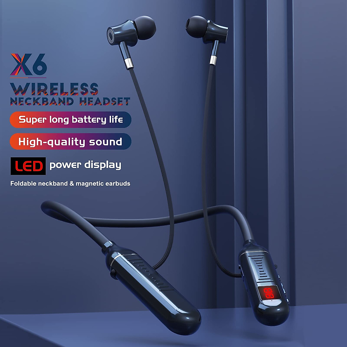 Long Battery Life neckband bluetooth headphones, X8 (150H Playtime) & X6 (100H Playtime),LED Power Display,in Ear Wireless Headset with Noise Cancelling Microphone, USB-C Fast Charging Stereo Earbuds