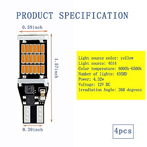 yvshy 4 PCS Car T15 Brake Light, 4014 45SMD DC12V High-bright 360-degree Reversing Light Turn Signal Replacement, CANBUS Decoded Stepless LED Bulb, Universal for Cars (Yellow)