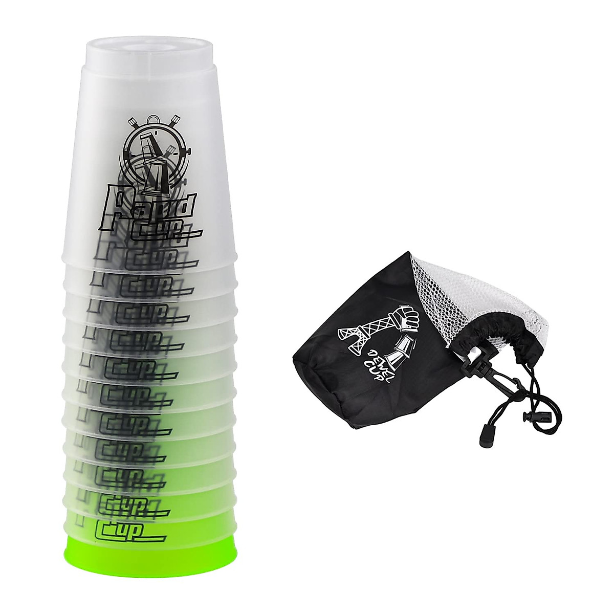 DEWEL Stacking Cup Game with 15 Stack Ways, 12pcs Cup Stacking Set, Sport Stacking Cups with BPA-Free Material, Classic Family Game, Great Gift Idea for Stack Games Lover. (11 White&1 Green)