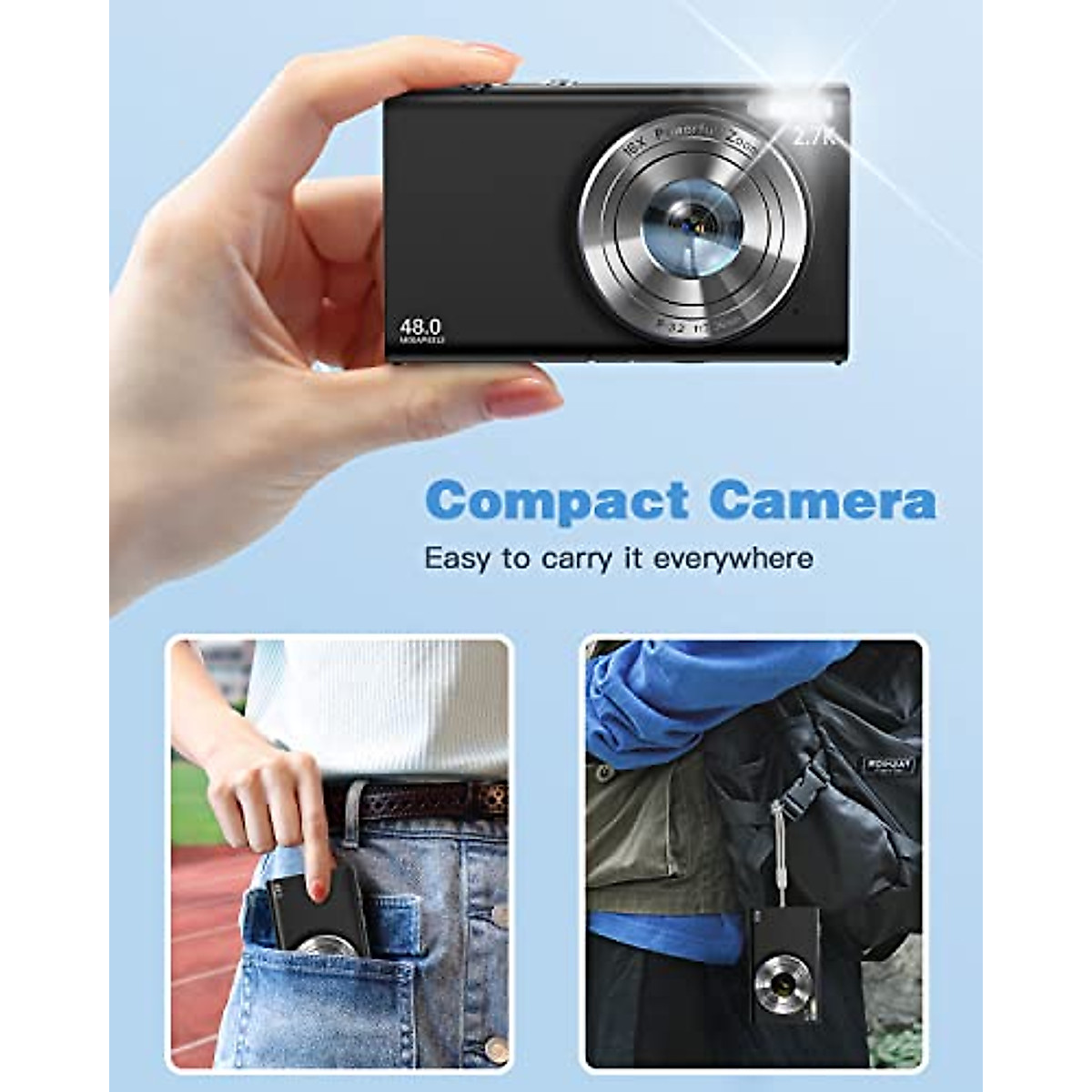 Digital Camera Auto Focus 2.7K 48MP Digital Point and Shoot Camera with 32GB Memory Card,16X Zoom, Time Lapse Vlogging Camera Digital Cameras for 8-15 Years Kids Teenagers Students Boys Girls