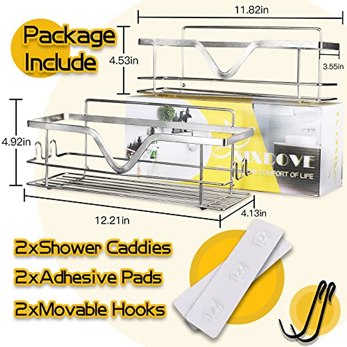 SIXDOVE Shower Caddies 2 PACK - No Drilling Adhesive Shower Organizer with Hooks, Rustproof SUS304 Stainless Steel Bathroom Shower Shelf, Shower Rack Large Shower Holder & Kitchen Storage (Silver)