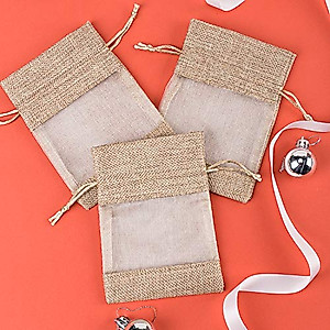 WRAPAHOLIC 5x7 inch 20 pcs Burlap Drawstring Gift Bag - Burlap with One Side Organza Wedding Party Welcome Favor Bags - Tan