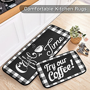 Buffalo Plaid Checked Coffee Time Kitchen Mat Set of 2 Anti-Fatigue Kitchen Rug Set Non Slip Washable Cushioned Memory Foam Kitchen Runner Rugs and Mats Comfort Mat for Farmhouse Doormat Bathroom