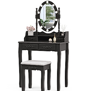 Alohappy Vanity Desk Set with Lighted Mirror, Black Makeup Dressing Table Desk with Mirror & Lights, Padded Stool, 4 Drawers Storage & Easy Assembly for Bedroom, Bathroom
