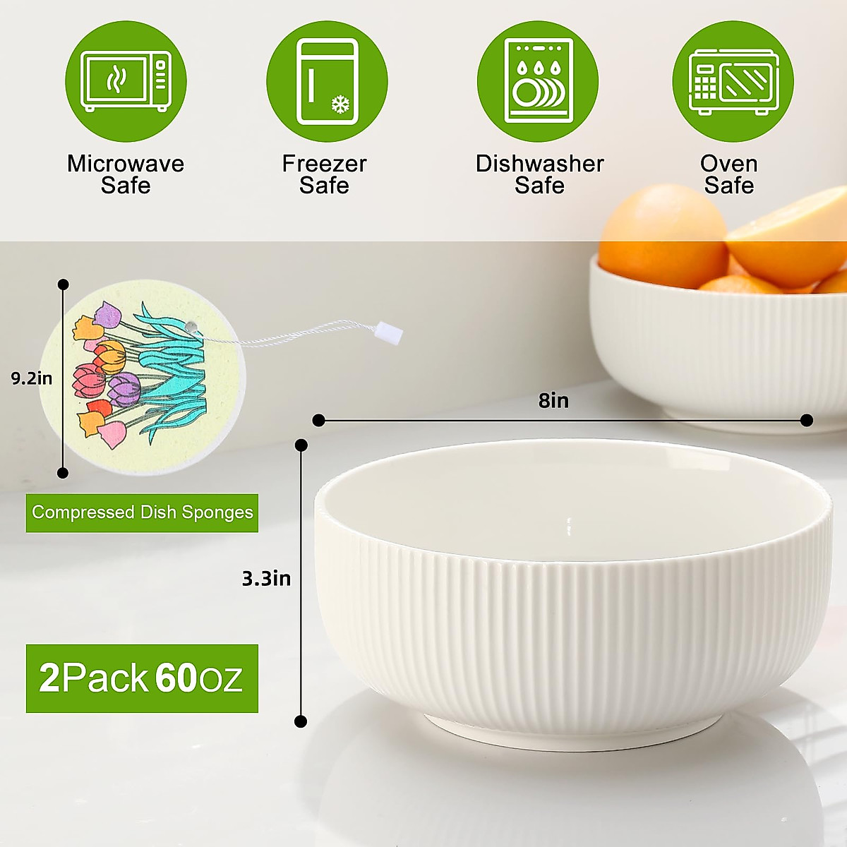 KMIGRUAN 60oz Salad Bowl Set,2 Pack Serving Bowls for Entertaining,8inch Large White Ceramic Bowl for Side Dishes,Soup, Pho, Cereal, Pasta, Fruit, Microwave and Dishwasher Safe