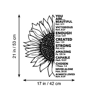 You are Beautiful Victorious Enough Created Strong Amazing Capable Chosen Never Alone Always Loved Sunflower Vinyl Wall Decal Bible Verse Quotes Decal for Girls Room Decor