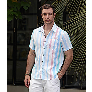 VATPAVE Mens Striped Summer Shirts Casual Button Down Short Sleeve Beach Stylish Untucked Hawaiian Shirts Small Blue Pink