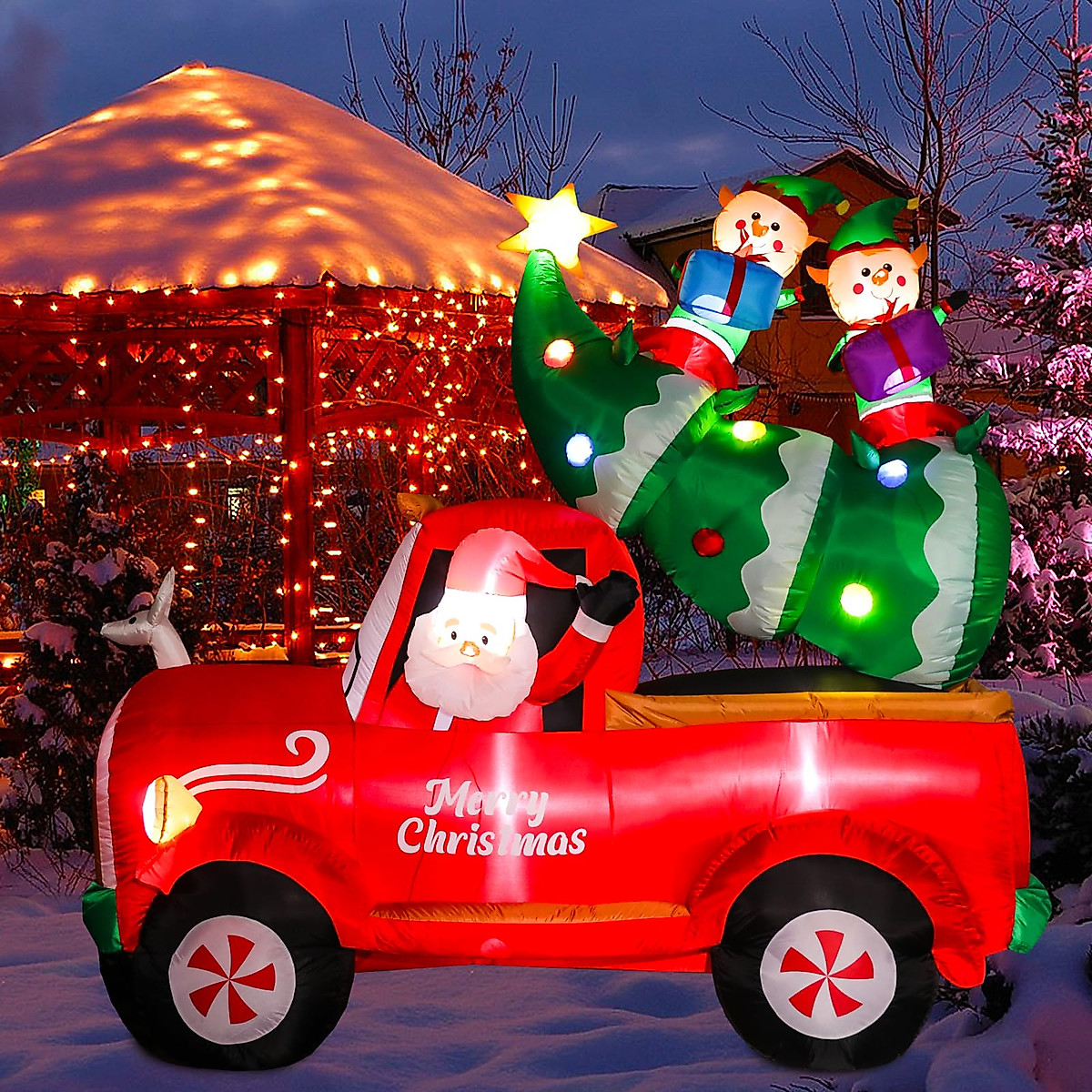 8 FT Christmas Inflatables Yard Decorations, Blow Up Santa on Red Truck with Christmas Tree and Elfs, Light Up Holiday Inflatables for Indoor Outdoor, Xmas Party, Lawn, New Year