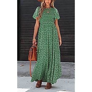 PRETTYGARDEN Womens Casual Floral Crew Neck Flutter Short Sleeve Long Summer Holiday Dress Party Maxi Wedding Guest Dresses (Green,Large)