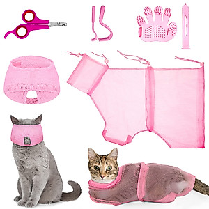 Patelai 5 Pcs Cat Bathing Bag Set Cat Grooming Bag Adjustable Pet Shower Net Bag Muzzles Nail Clipper Tick Remover Tool Massage Brush (Pink)