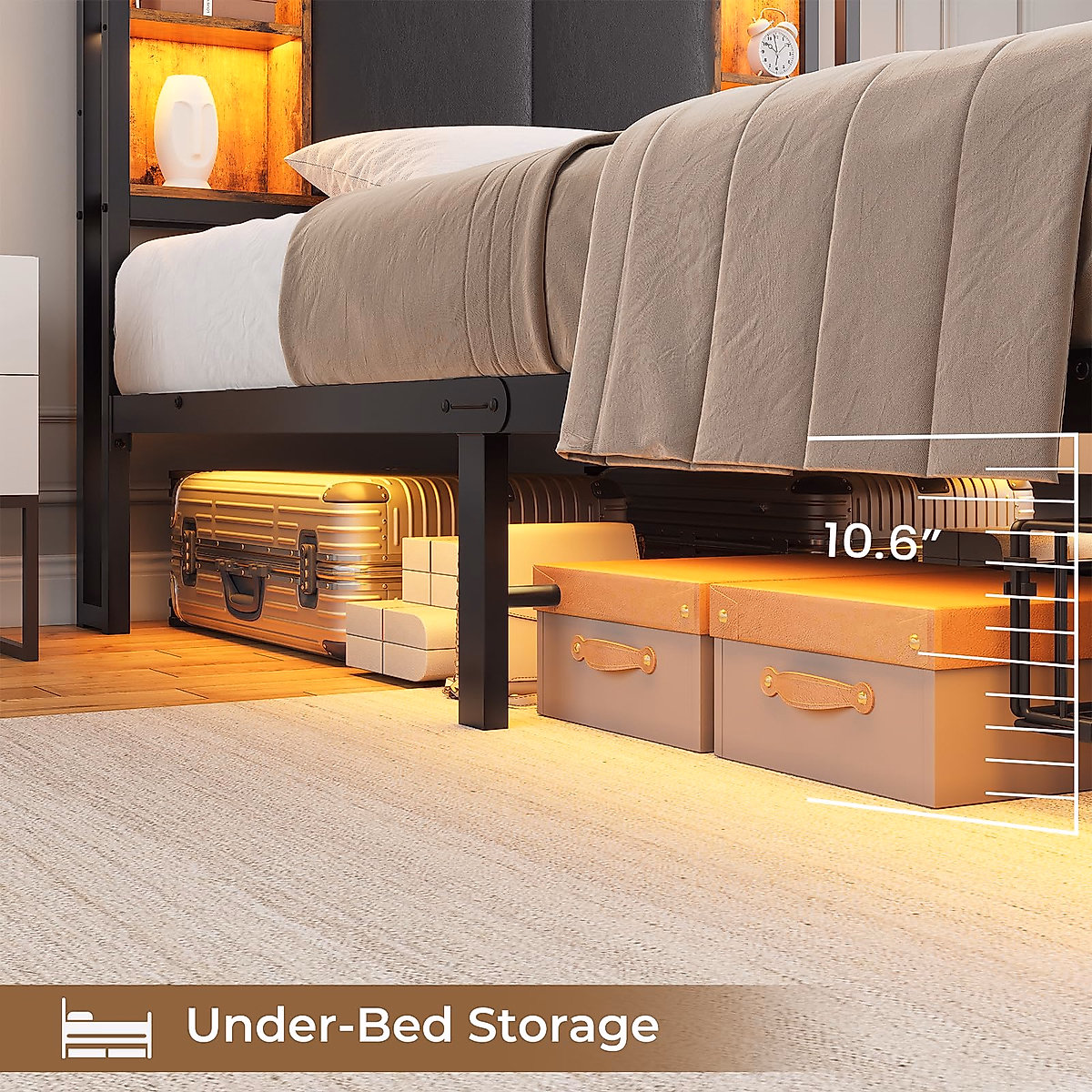 AOGLLATI Twin Bed Frames with Headboard and 2 Storage Drawers, Twin Bed Frame with Charging Station and Led Lights, Modern Upholstered Brown Led Bed Frame Twin,No Box Spring Needed, Vintage