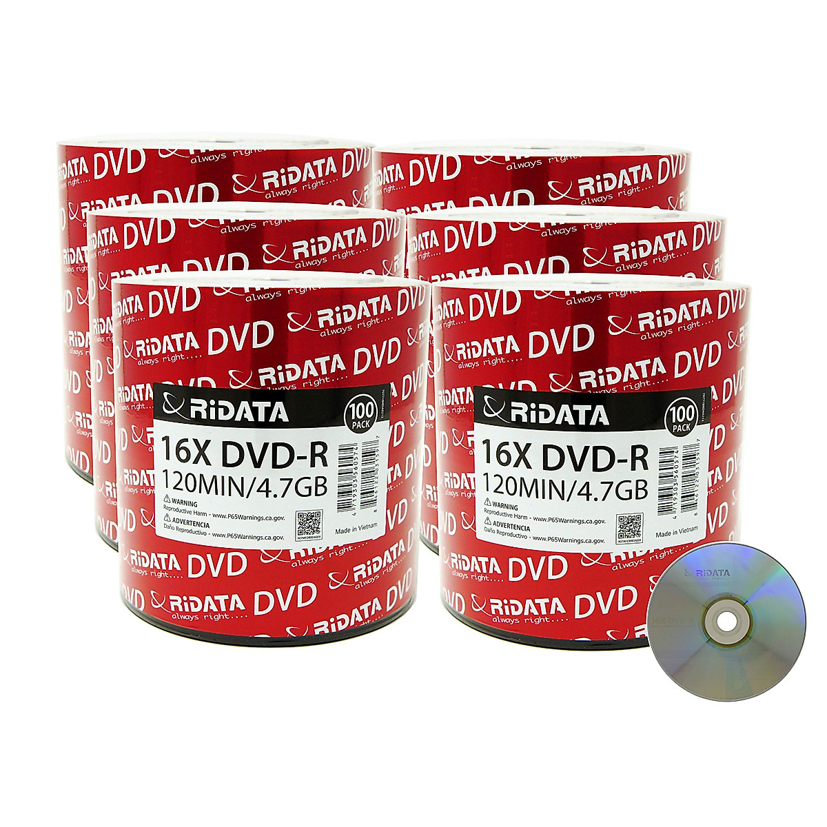600 Pack Ridata DVD-R 16X 4.7GB 120 Min Silver Logo Top Blank Data Video Media Recordable Disc