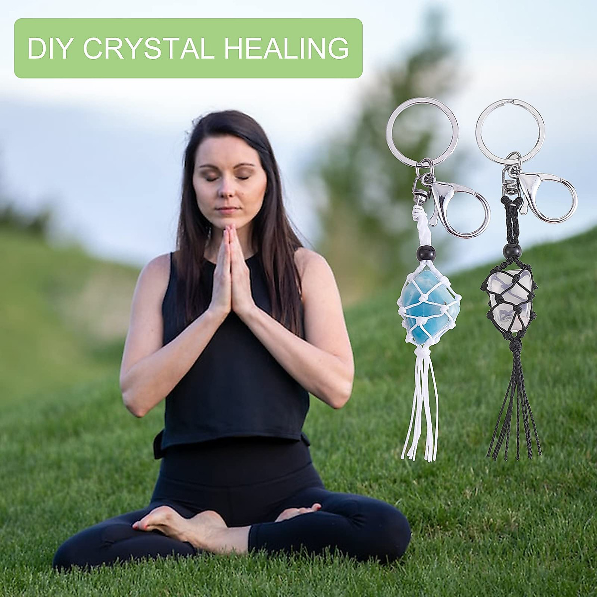 WEWAYSMILE 4 Pcs Empty Crystal Keychain Holder Stone Crystal Holder Nylon Woven Crystal Cage Key Holder Unique Crystal Keychain Crystal Cage Keychain Holder