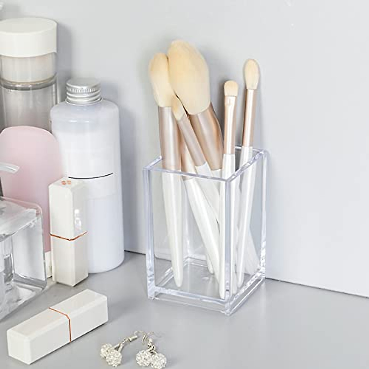 2 Pack Acrylic Pen Holder Makeup Brush Holder Clear Pencil Makeup Brush Storage Organizer Cup for Office Acrylic Desk Accessories Dorm Bathroom Supplies