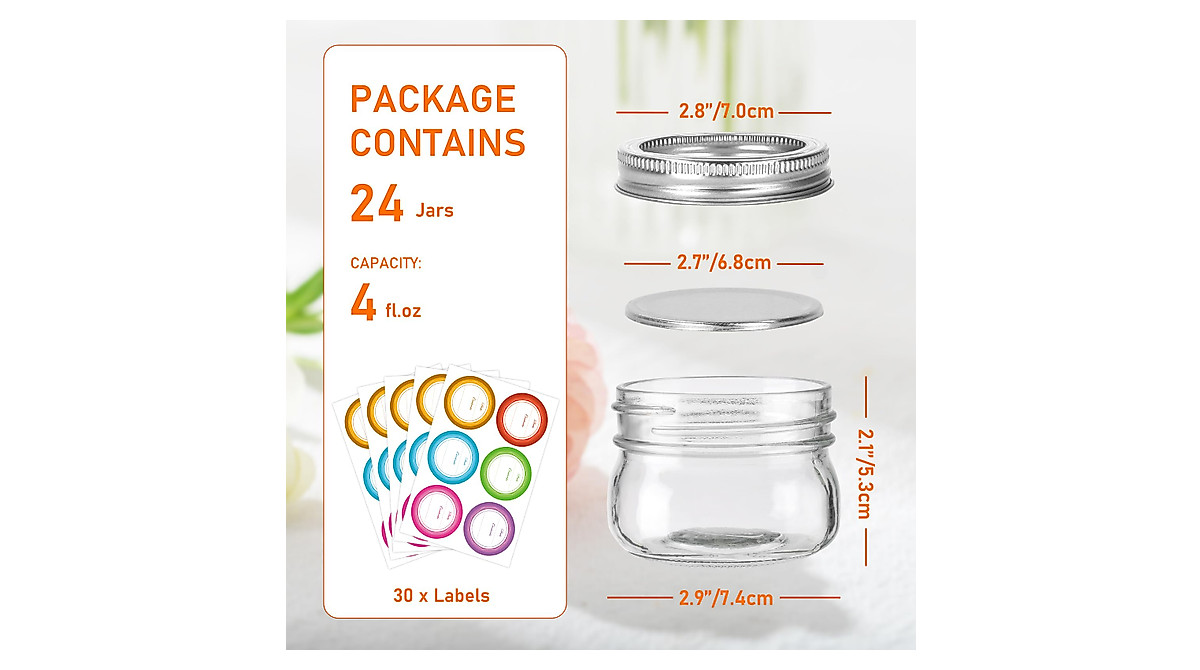 24 Pack 4 oz Mason Jars with Lids for Canning & Storage