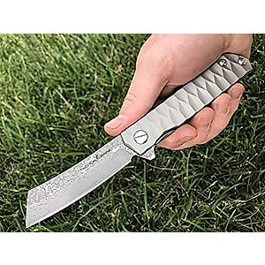 TACTICAL GEARZ Custom Damascus Steel EDC Pocket Folding Knife, Solid Tc4 Titanium Handle! Includes Sheath! For Outdoor Camping, Hiking, Gifts for Men, Birthday Gifts (Silver XS)